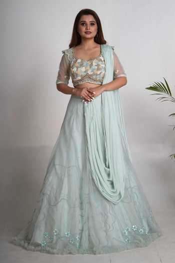Buy Merge Design Blue Organza Embroidered Lehenga Set Online | Aza Fashions