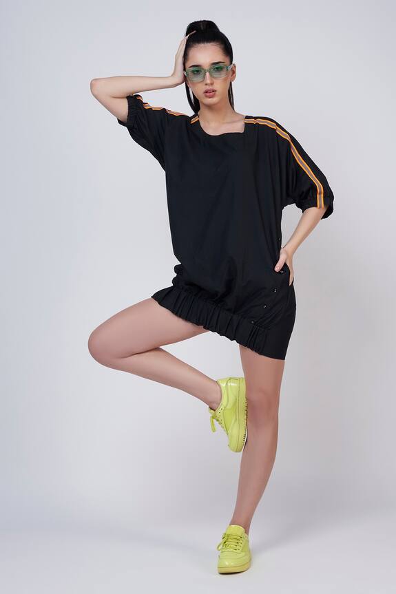 Buy Krati Jain Black Cotton Blend Half Sleeve Tape Embellished Dress ...