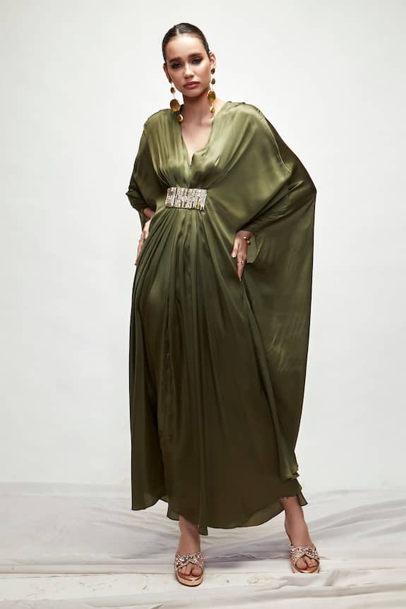 Buy Ranian Green Silk Kaftan Online | Aza Fashions