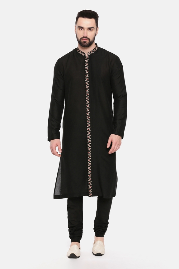 Buy Mayank Modi - Men Black Silk Cotton Embroidered Placket Kurta Set ...