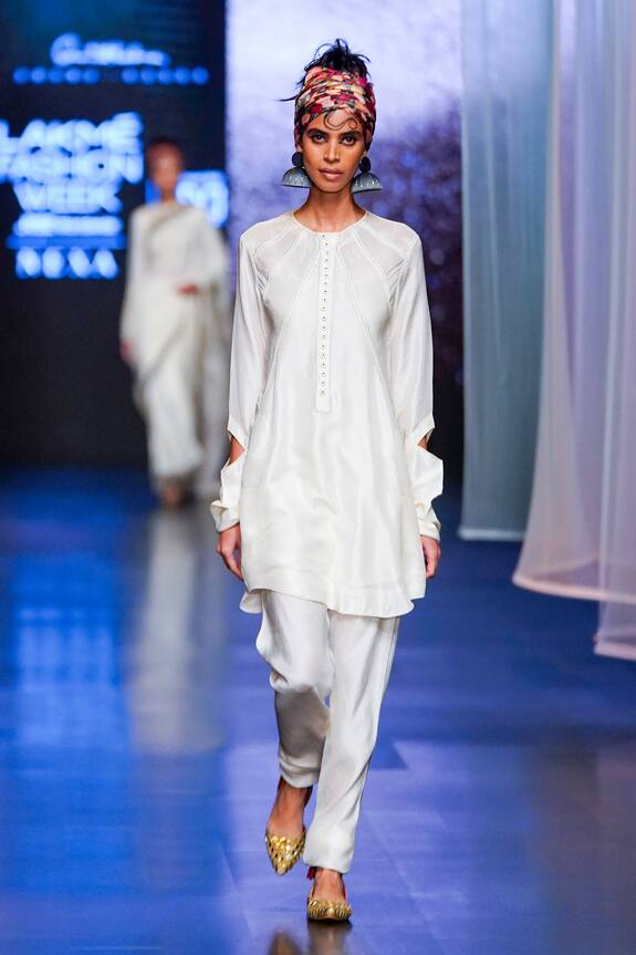 Buy Anand Kabra Ivory Dupion Silk Button Front Kurta And Pant Set ...