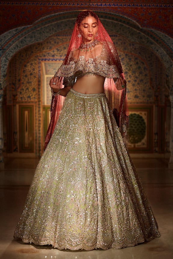 Buy Seema Gujral Green Net Metallic Embroidered Lehenga Set Online ...
