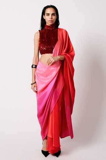 Buy 431-88 by Shweta Kapur Red Silk Masai Pre-draped Saree With Tasha ...