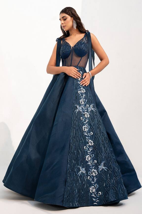 Buy Nayna Kapoor Blue Silk Floral Embellished Corset Gown Online | Aza ...