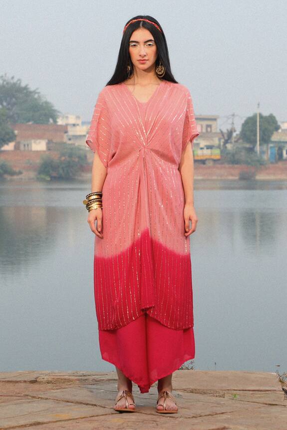Buy Enech Pink Shimmer Georgette Ombre Stripe Pattern Kaftan And Pant ...