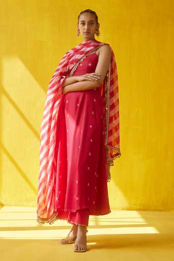 Buy Aapro Red Modal Satin Mira Strappy Anarkali Pant Set Online | Aza ...