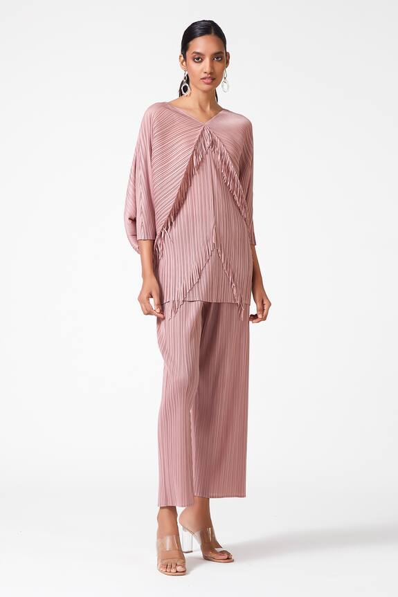 Buy Scarlet Sage Pink Polyester Kimono Pleated Top And Pant Set Online ...