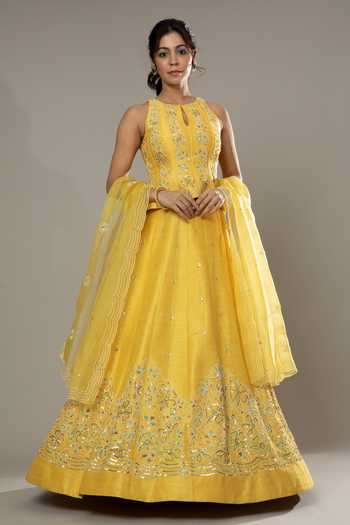 Buy I am Design Yellow Raw Silk Mango Bite Hand Embroidered Lehenga Set ...