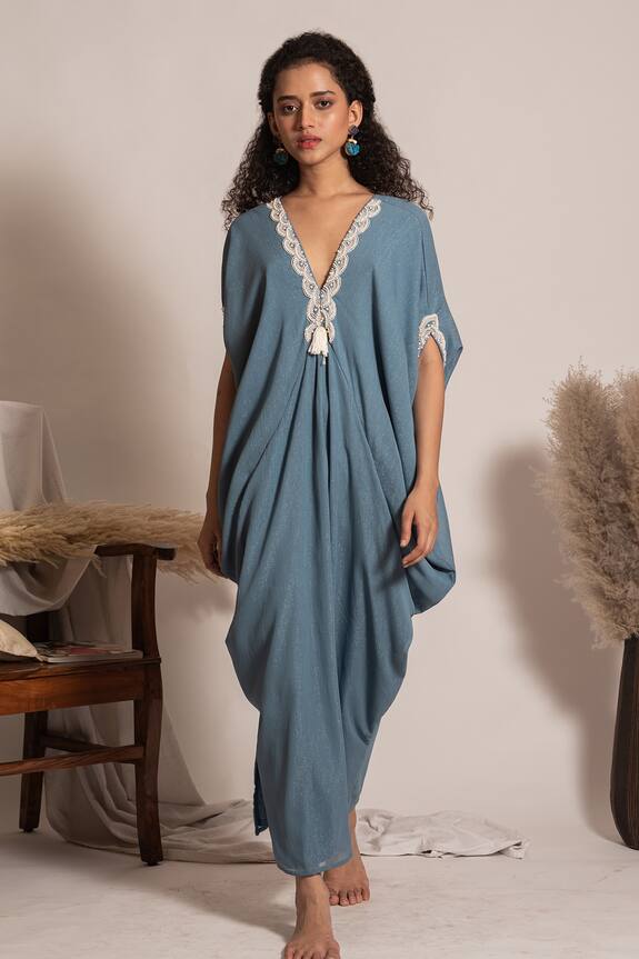 Buy Vanshika Agarwal Blue Taffeta Zola Pearl Embroidered Kaftan Online | Aza Fashions