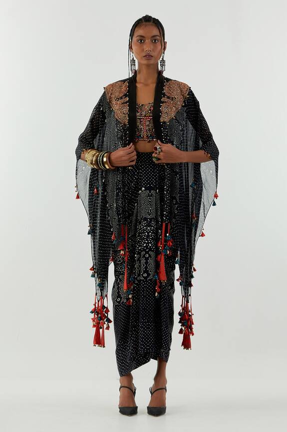 Buy Aseem Kapoor Black Veni Printed Jacket And Draped Skirt Set Online ...