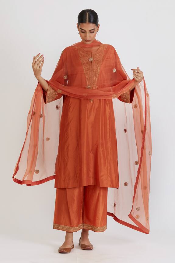 Buy Lajjoo C Orange Sana Embroidered Dupatta Online | Aza Fashions