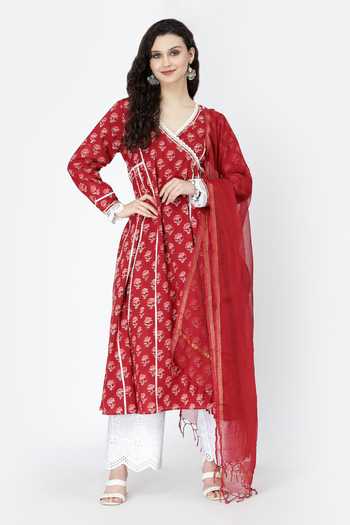 Buy Shetab Kazmi Red Cotton Flower Block Print Angrakha Anarkali Set ...