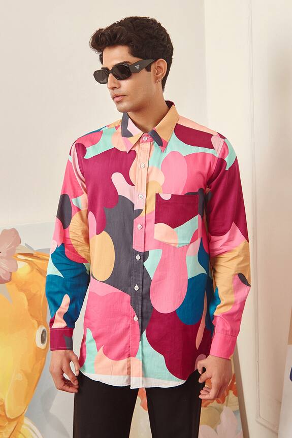 Buy Sorbae Clothing Multi Color Cotton Satin Abner Camo Print Shirt ...