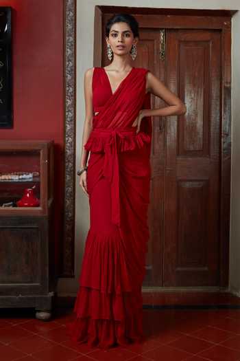 Buy Arpita Mehta Red Georgette Solid Ruffle Saree With Blouse Online ...