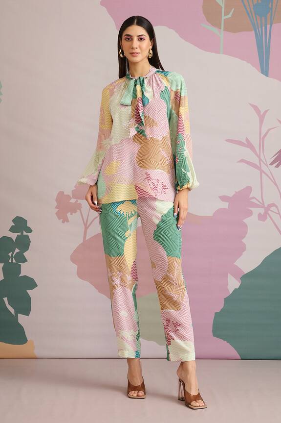 Buy Pankaj And Nidhi Green Crepe Malt Embellised Top And Pant Set Online