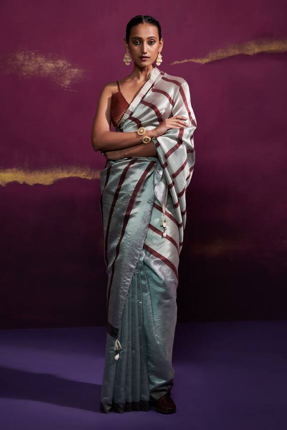 Buy Dressfolk Blue Handloom Silk Stripe Pattern Saree Online | Aza Fashions
