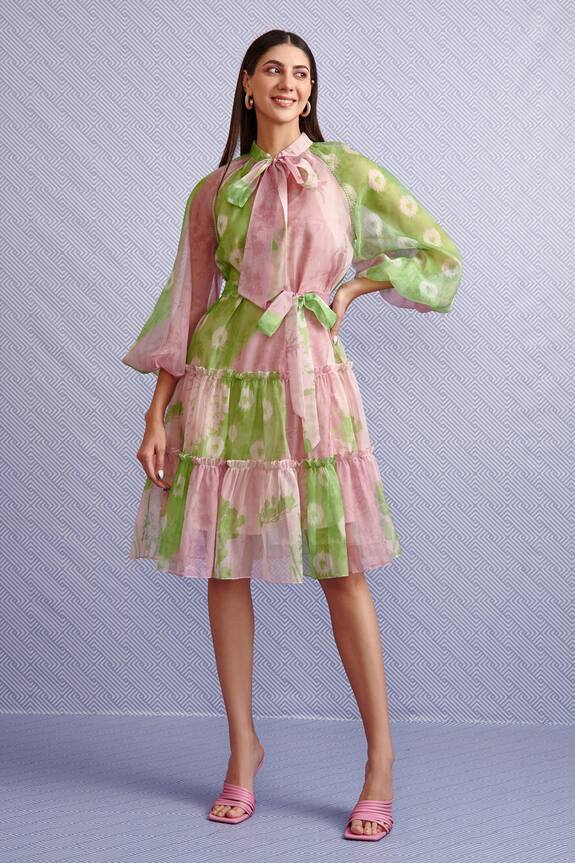 Buy Pankaj & Nidhi Green Organza Breez Tiered Geometric Pattern Dress ...