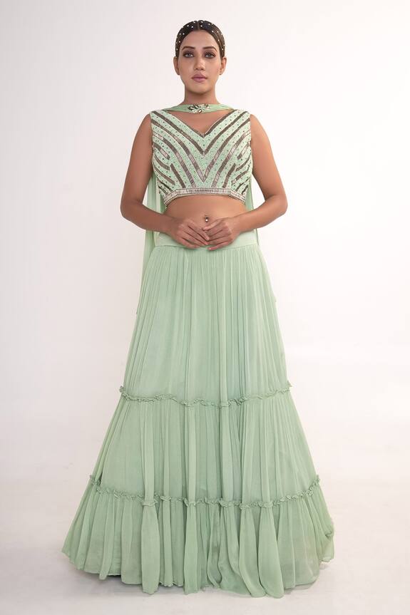 Buy Merge Design Green Crepe Tiered Lehenga Set Online | Aza Fashions