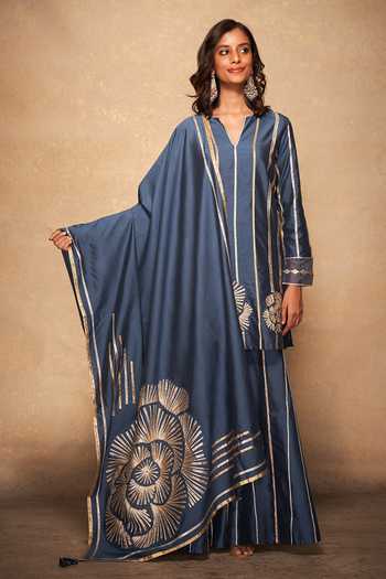 Buy Gulabo by Abu Sandeep Blue Pure Chanderi Silk Placement Rose ...