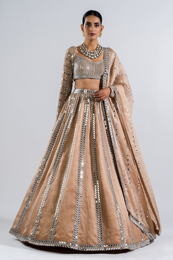 Buy Vvani by Vani Vats Beige Georgette Linear Pattern Mirror Work ...