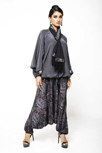 Buy Anmol Kakad Black Crepe Silk Astra Stripe Pattern Top Pant Set ...