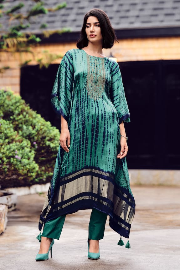 Buy Label Varsha Blue Viscose Gajji Shibori Pattern Straight Kaftan And ...