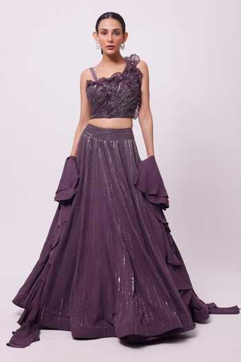 Buy Onaya Purple Georgette Embroidered Lehenga Set With Ruffle Dupatta ...