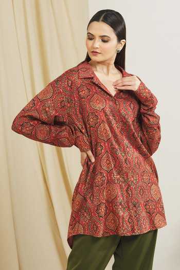 Buy Surendri Red Chanderi Floral Print Shirt Online | Aza Fashions
