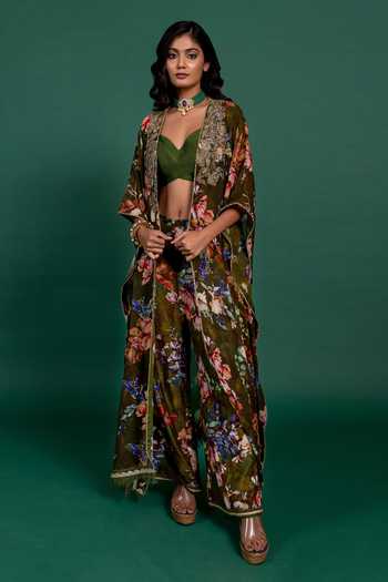 Buy Varun Bahl Green Georgette Floral Print Overlay Online | Aza Fashions