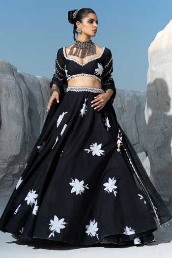 Buy Seeaash Black Chanderi Floral Print Lehenga Set Online | Aza Fashions