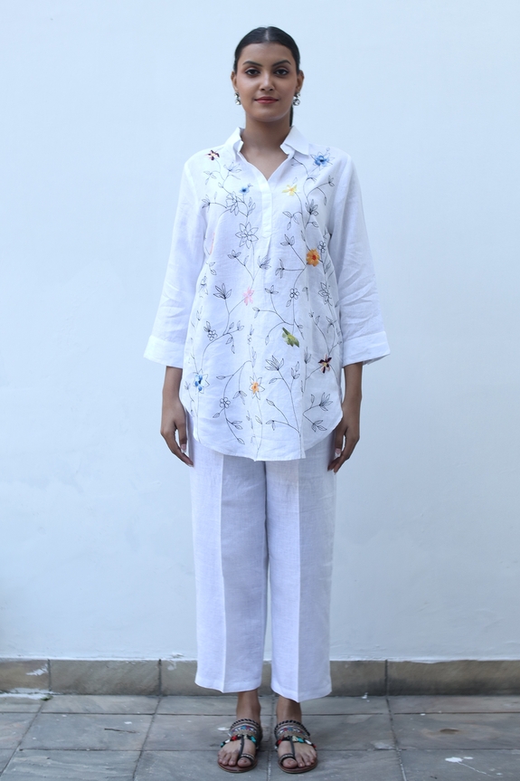 Buy Linen Bloom White Linen Floral Embroidered Shirt Online | Aza Fashions