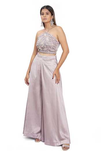 Buy Vana Ethnics Purple Satin Pearl Embellished Bustier And Palazzo Set ...