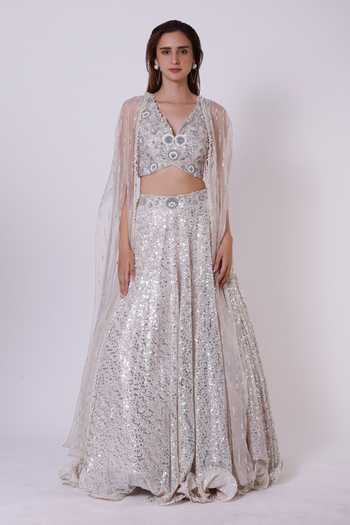 Buy Onaya Off White Lycra Embroidered Jacket Lehenga Set Online | Aza ...