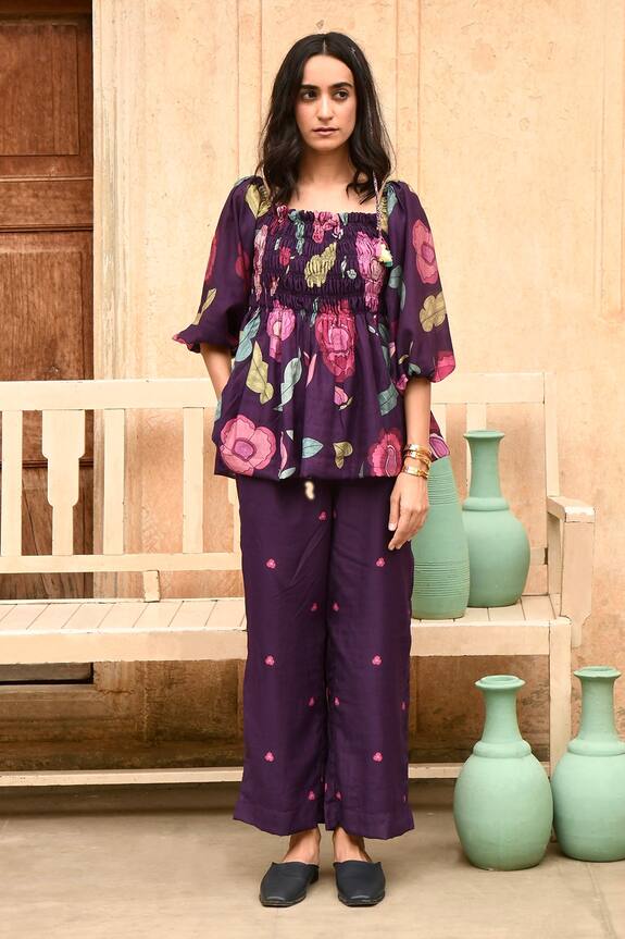 Buy Taro Purple Chanderi Silk Iris Flower Pant Online | Aza Fashions