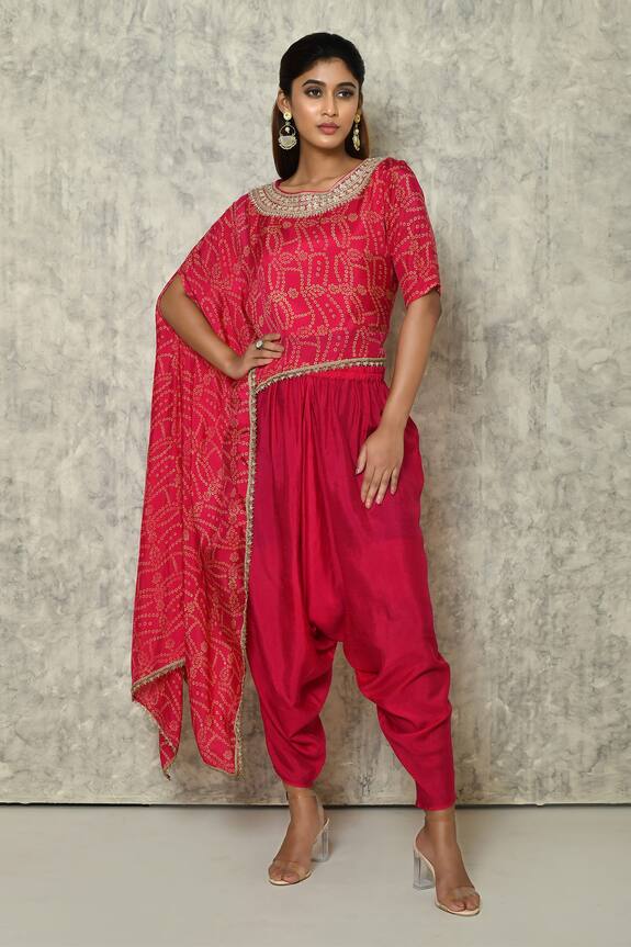Buy Asymmetric Bandhej Pattern Top & Dhoti Pant Set by Nazaakat by ...