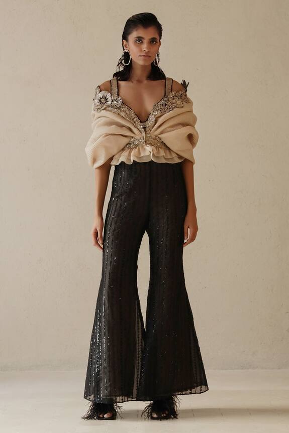 Buy Varun & Nidhika Black Silk Organza Titli Cape And Bell Bottom Pant ...