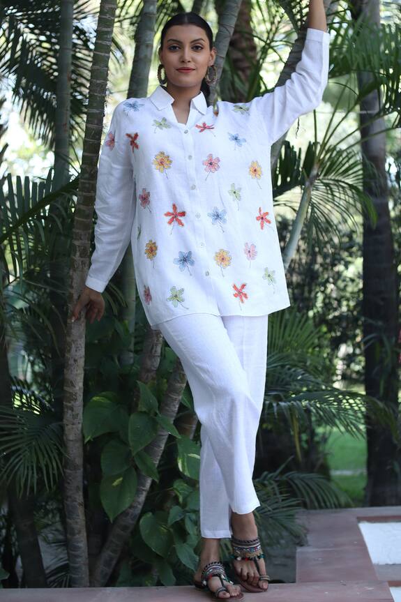Buy Linen Bloom White Linen Flower Embroidered Shirt Online | Aza Fashions