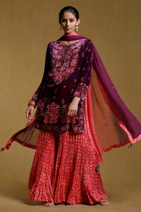 Buy Ritu Kumar Purple Silk Velvet Printed Kurta Sharara Set Online ...
