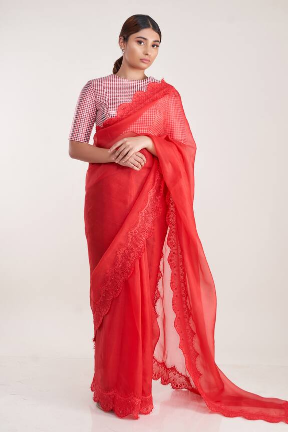 Buy Pooja Bagaria Red Pure Silk Organza Lace Trim Saree With Blouse ...