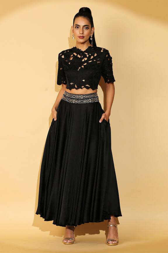 Buy Madder Much Black Cupro Modal Gloria Cutwork Crop Top And Skirt Set ...