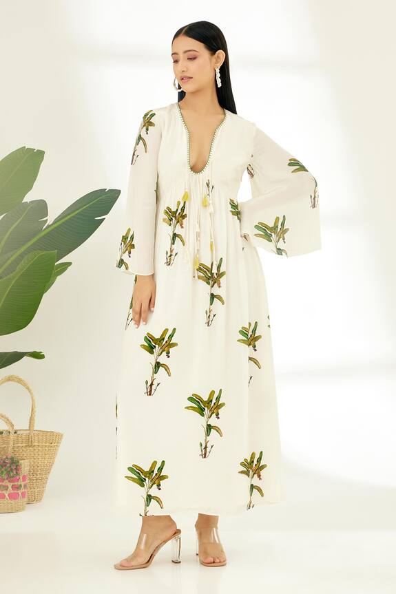 Buy Nikasha Off White Crepe Hand Painted Banana Tree Print Dress Online ...