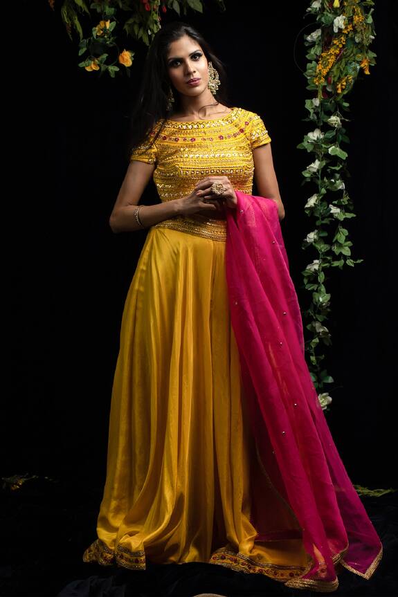 Buy Kanj by Priyanka A Sakhuja Yellow Upada Paroo Sharara Embroidered ...