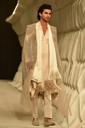 Buy Rohit Gandhi + Rahul Khanna Beige Satin Fringe Hem Wrap Kurta ...