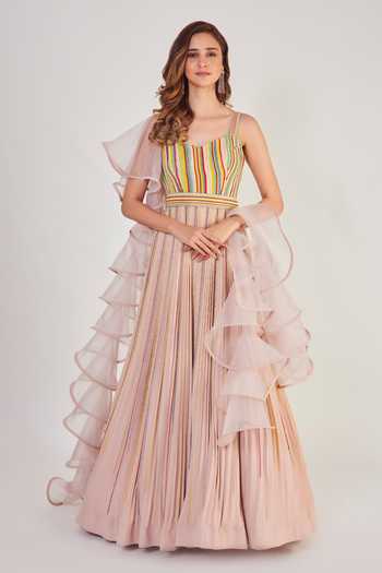Buy Onaya Peach Georgette Gown With Ruffle Dupatta Online | Aza Fashions