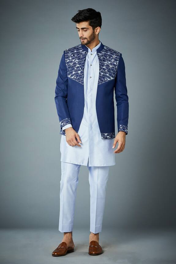 Buy Gargee Designers Blue Poly Viscose Angular Embroidered Bandhgala ...