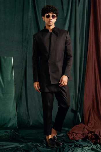 Buy Project Bandi Black Giza Cotton Solid Bandhgala Set Online | Aza ...