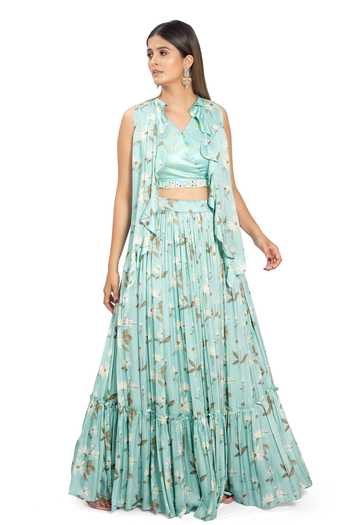 Buy Floral Print Ruffle Jacket & Lehenga Set by Vana Ethnics at Aza ...