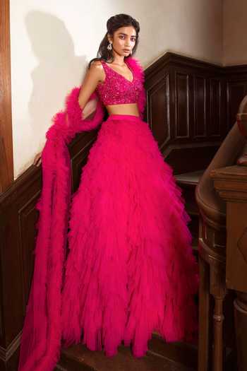 Buy Nadine Dhody Pink Tulle Chloe Ruffled Lehenga Set Online | Aza Fashions