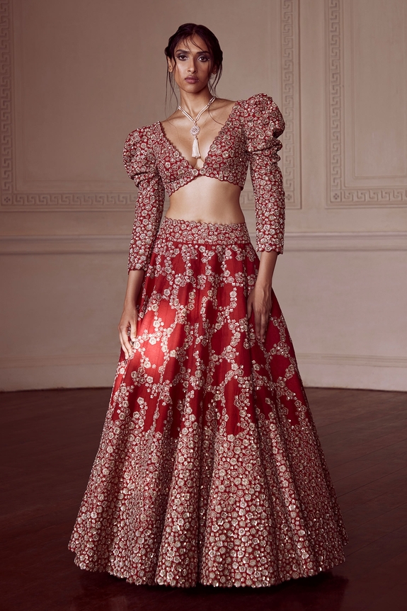 Buy Mrunalini Rao Pink Raw Silk Cherry Blossom Neya Embroidered Lehenga ...