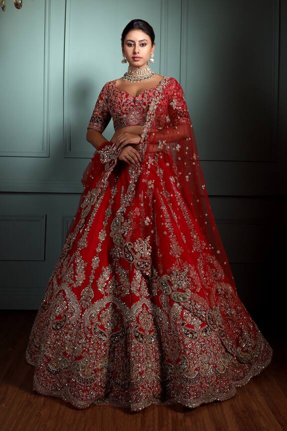 Buy Pallavi Poddar Raw Silk Mohini Floral Embroidered Lehenga Set ...
